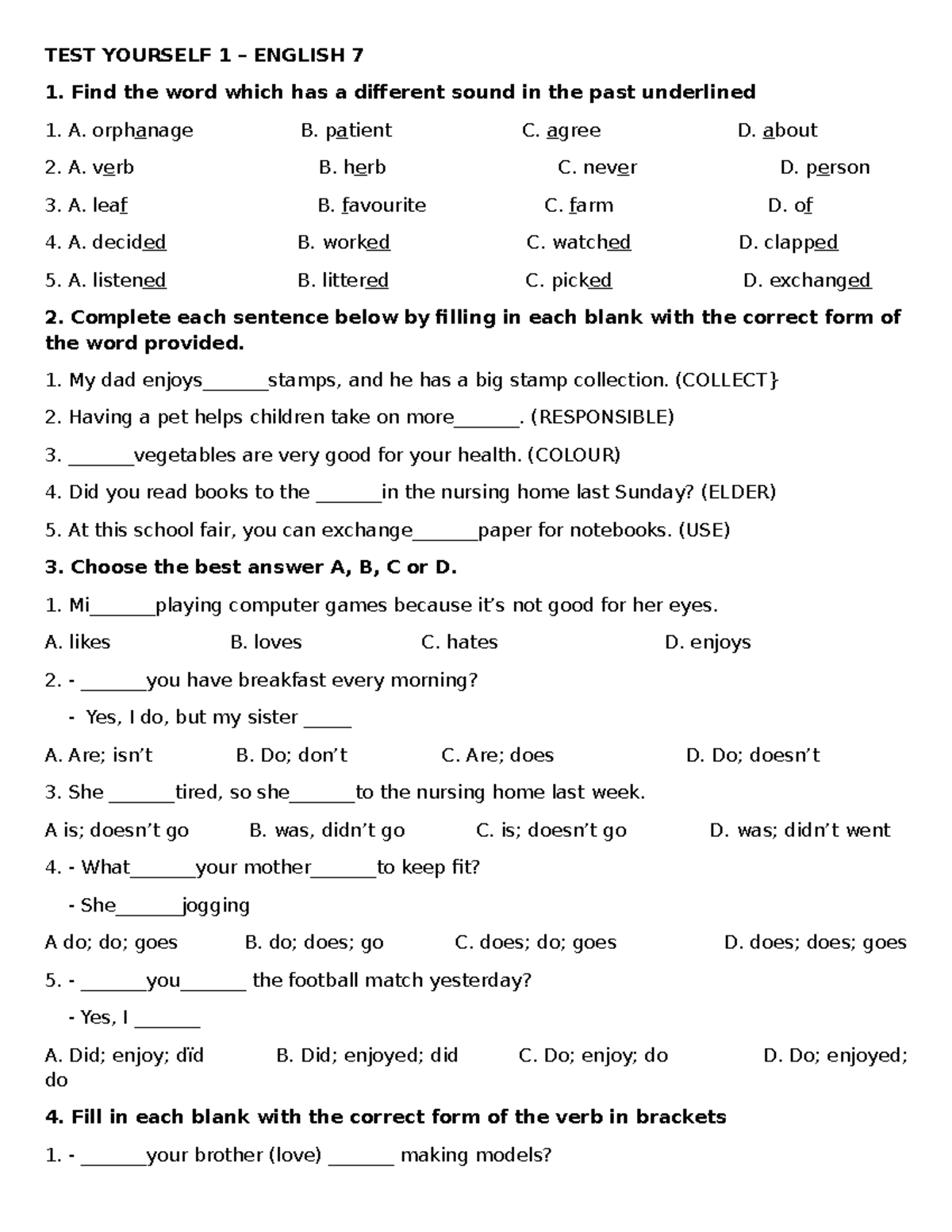 TEST YOURSELF 1 - ENGLISH 7: Practice Exercises and Answers - Studocu