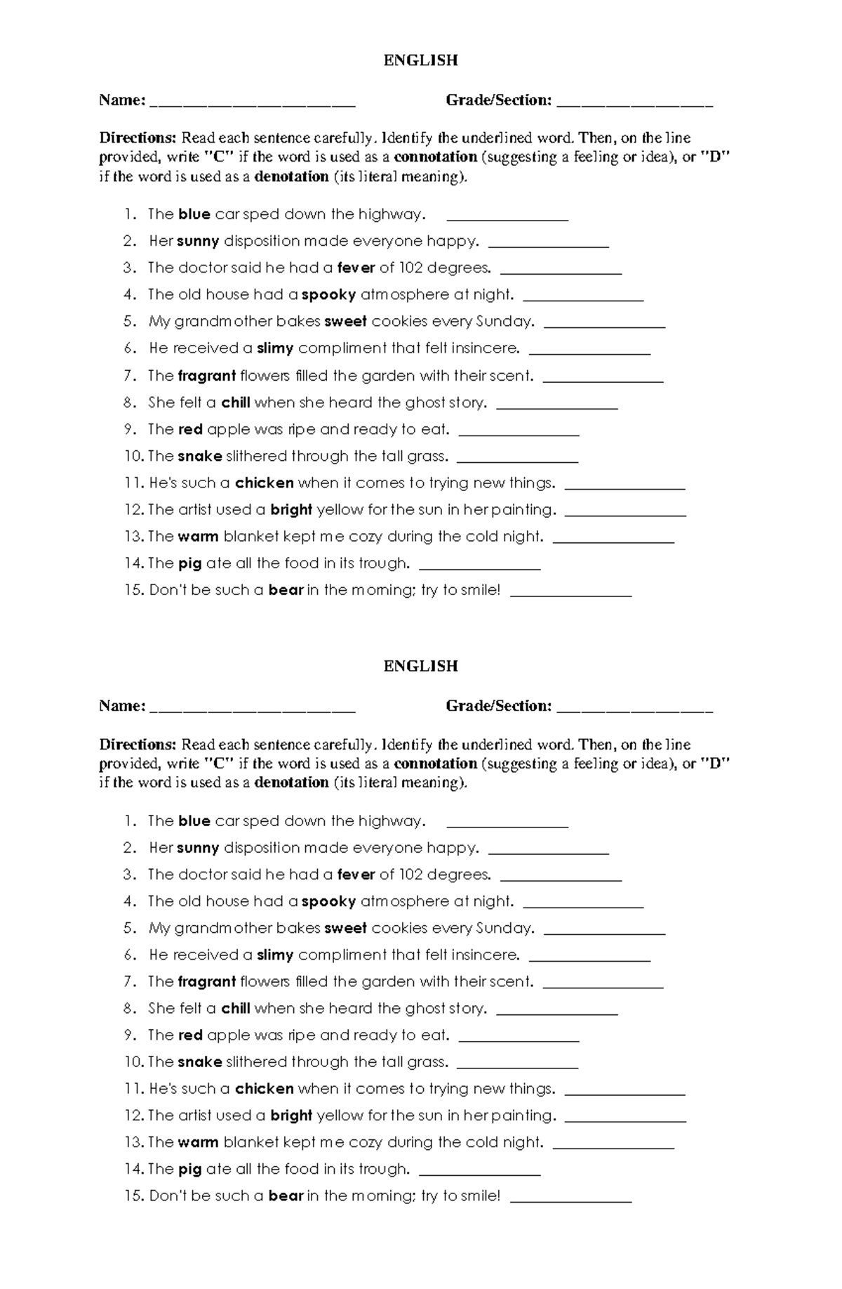 ENGLISH Connotation vs Denotation Test 4 - Practice Questions - Studocu