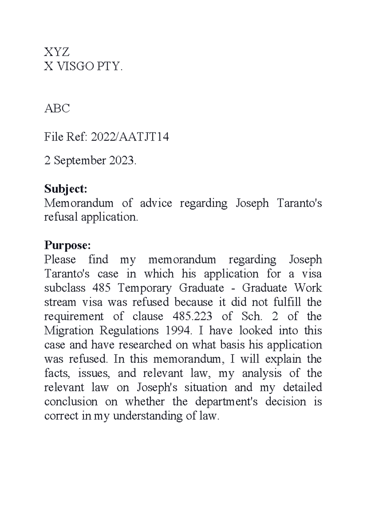 Memorandum of Advice on Visa Refusal - Joseph Taranto's Case - Studocu