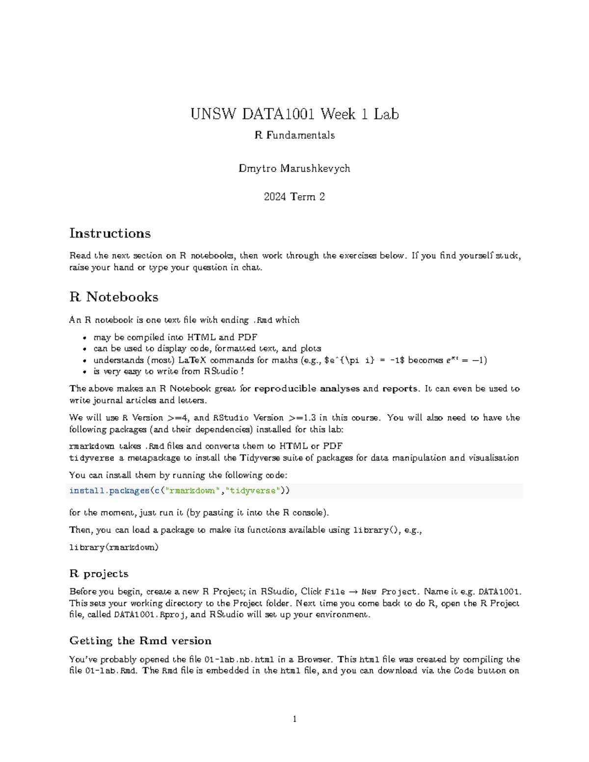 UNSW DATA1001 Week 1 Lab: R Fundamentals & Exercises 2024 Term 2 - Studocu
