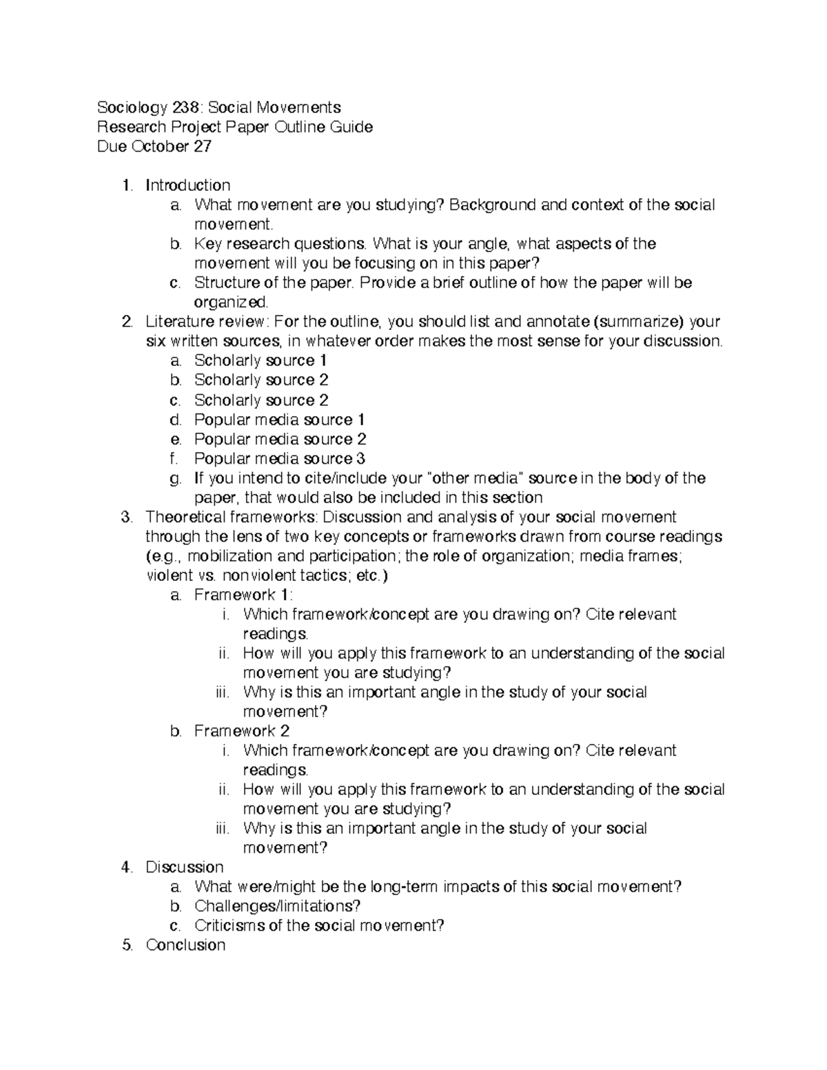 Sociology 238: Research Project Outline on Social Movements - Studocu