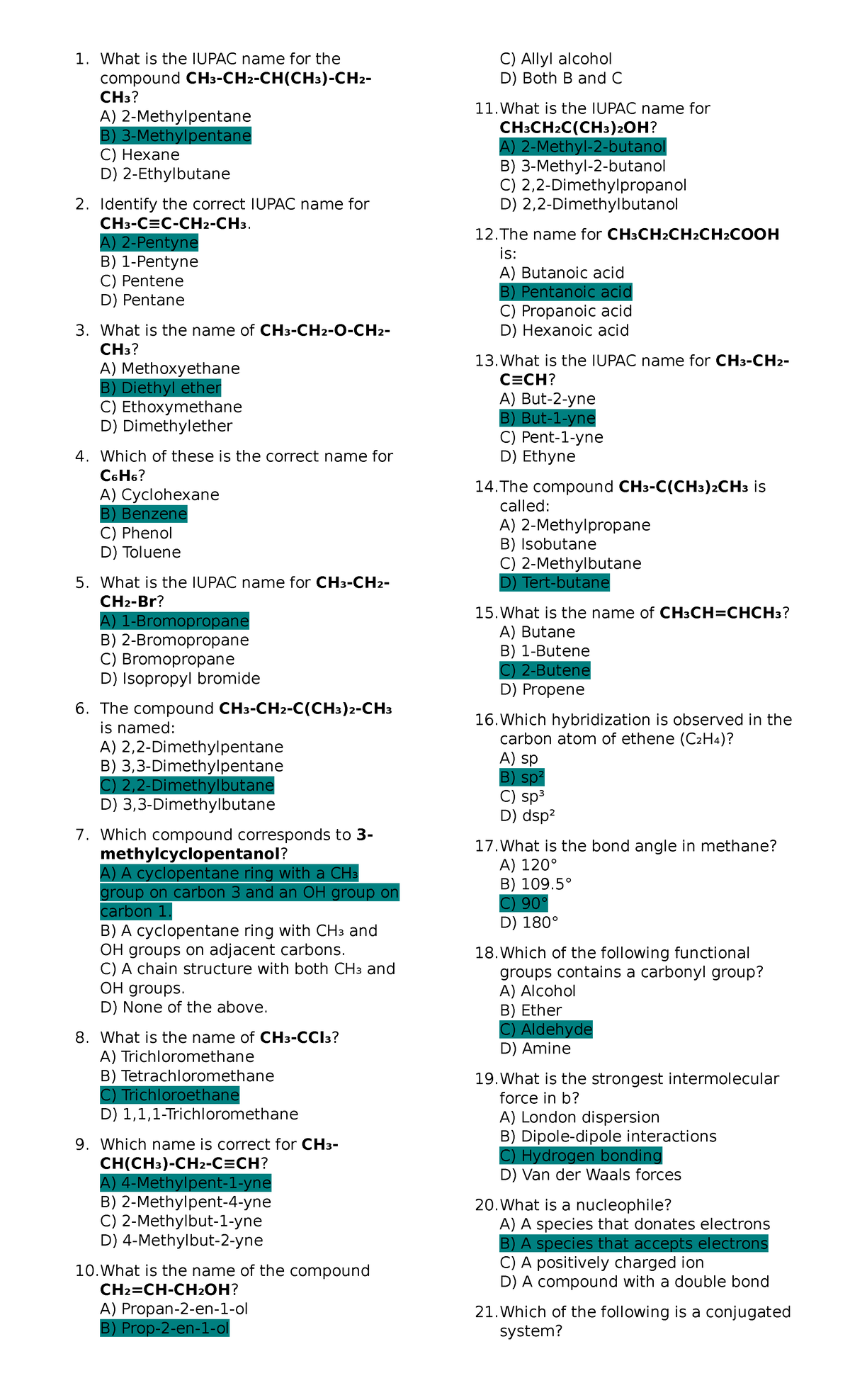 Chemistry Quiz Review: IUPAC Naming and Reactions - Studocu