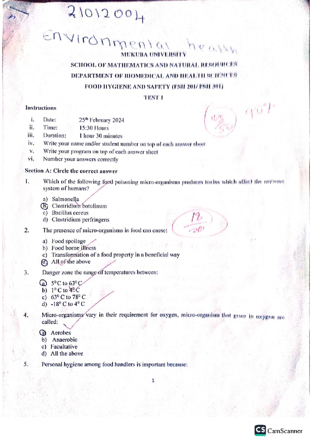 FSH PSH 301 Environmental Health Test I - Questions and Answers - Studocu