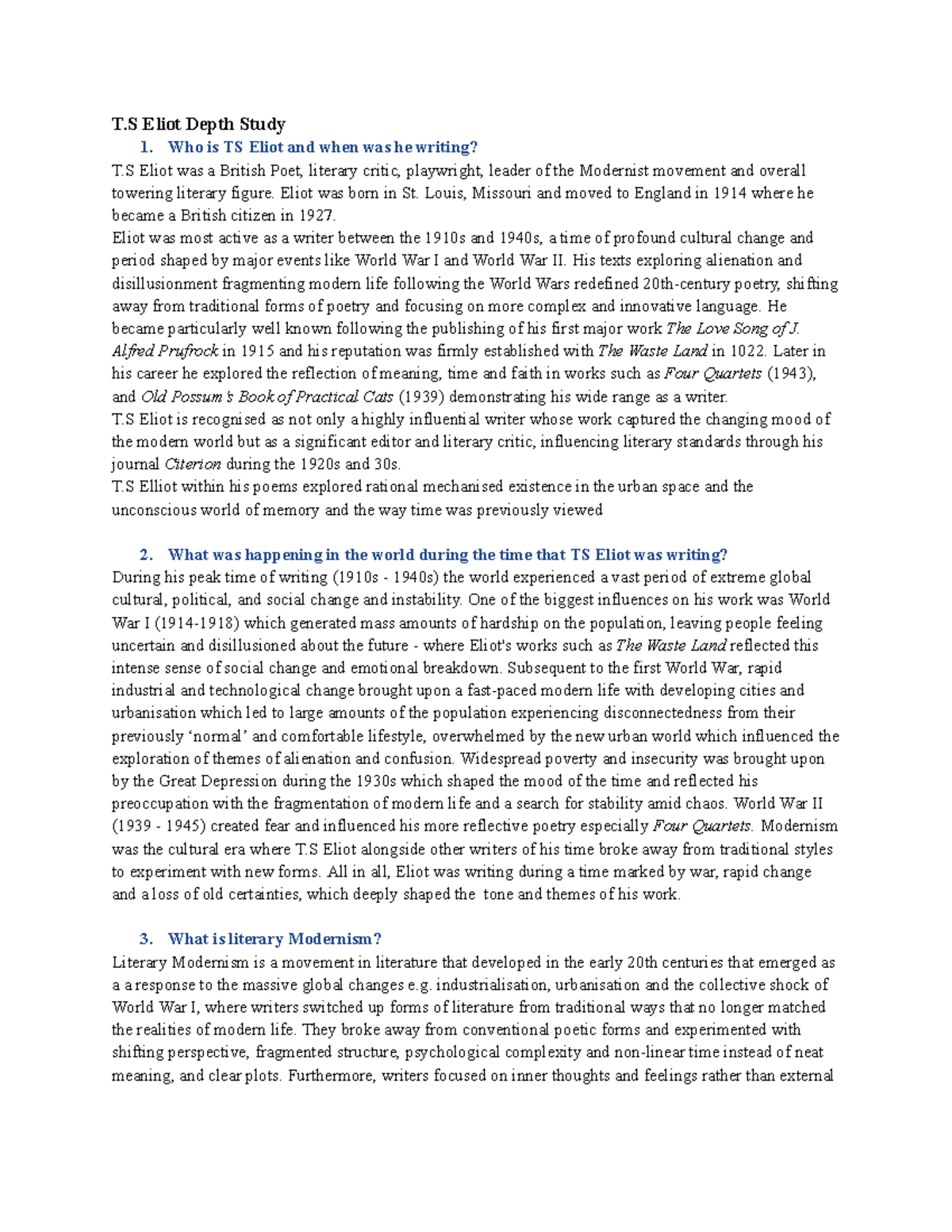T.S. Eliot Depth Study: Exploring His Life and Modernist Influence ...