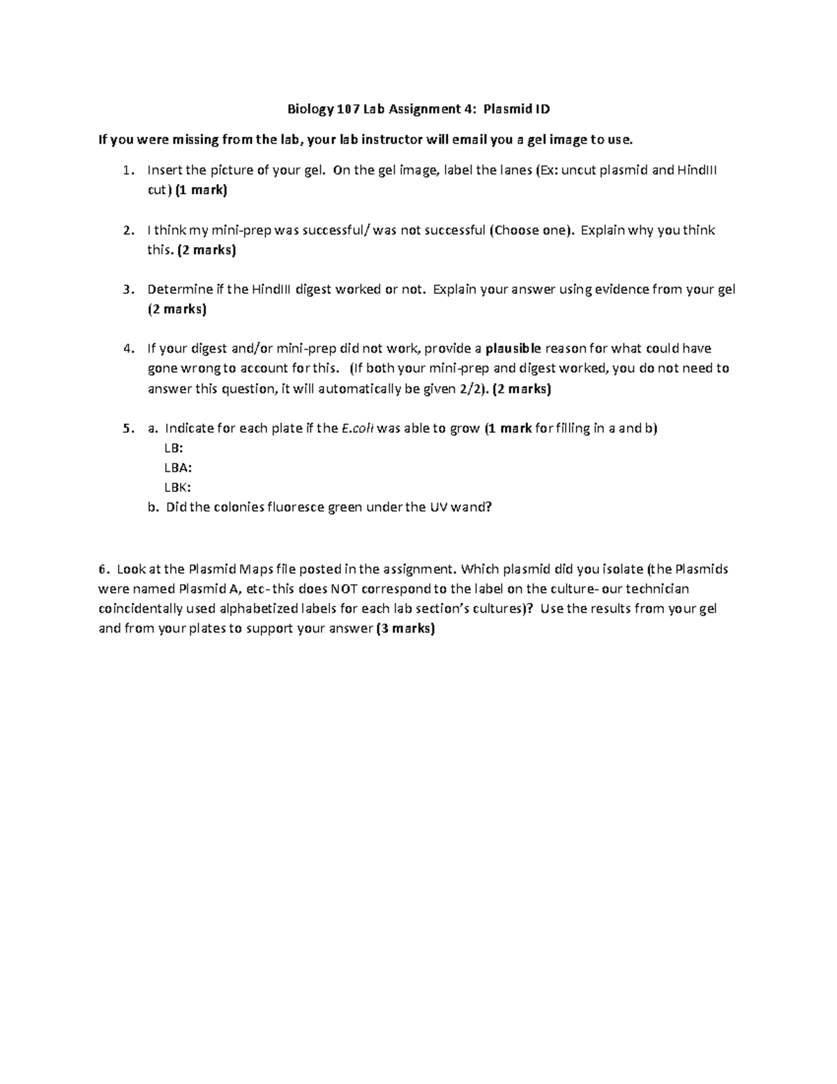 Biology 107 Lab Assignment 4: Plasmid Identification and Analysis - Studocu