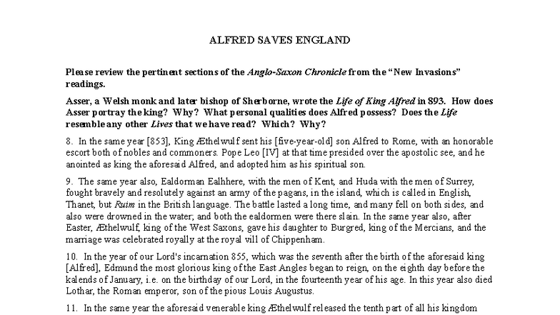 Sourcebook: The Life and Legacy of King Alfred (HIST 101) - Studocu
