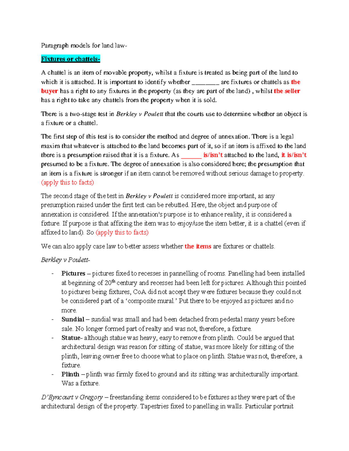 Land Law Answer Templates: Fixtures, Chattels, and Third Party Rights ...