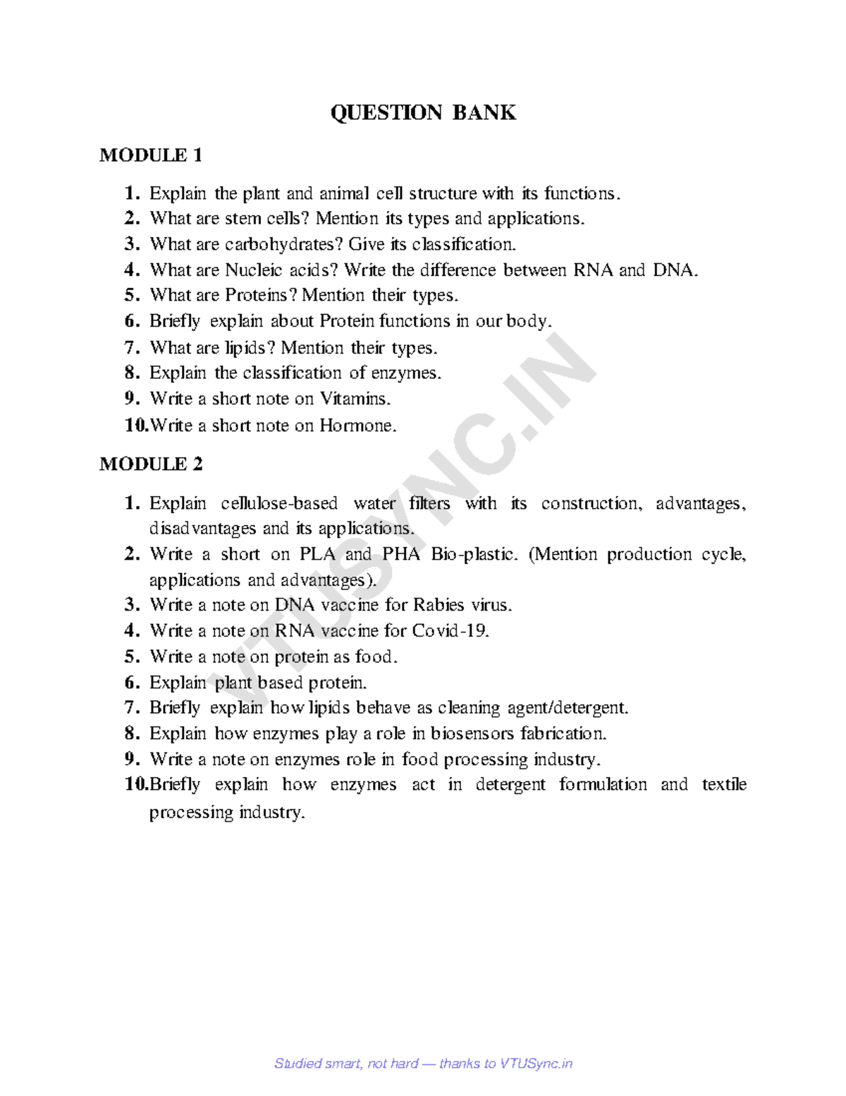 Biology Module-Wise Question Bank (QB) for VTU Students - Studocu