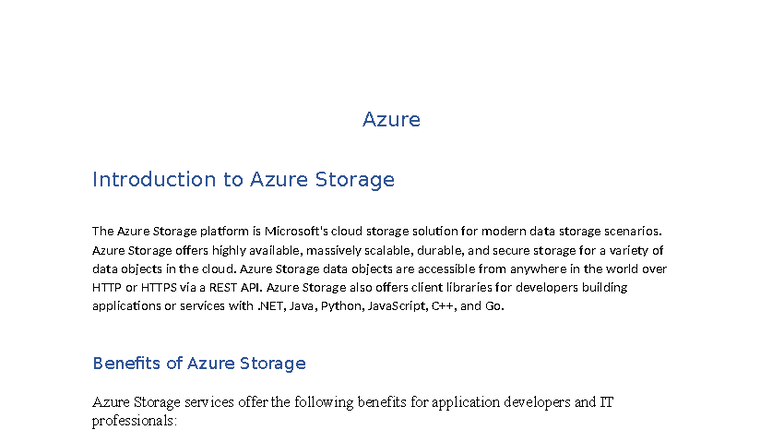Azure Introduction to Azure Storage Services Overview - Studocu