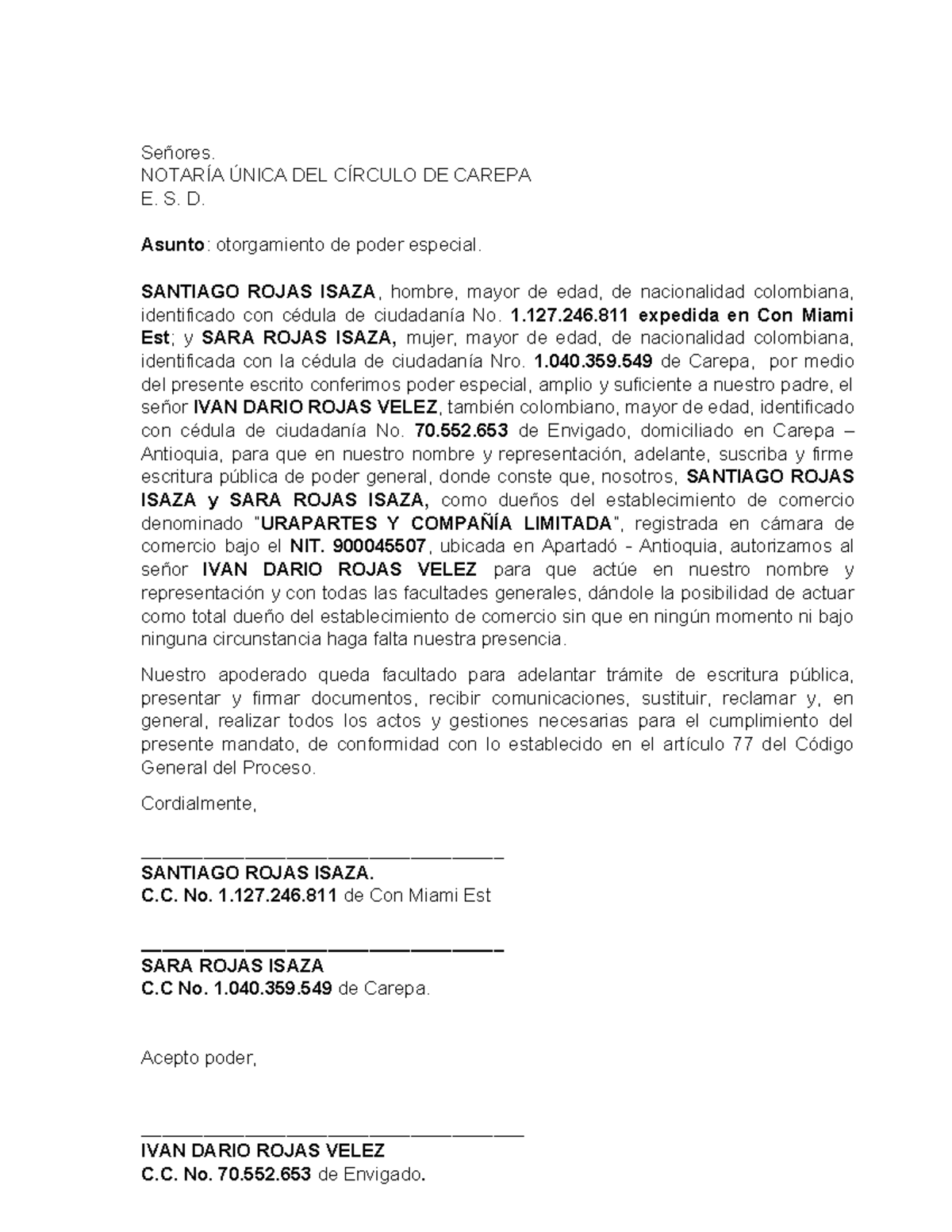 Poder Especial para Escritura General - Notaría Carepa - Studocu