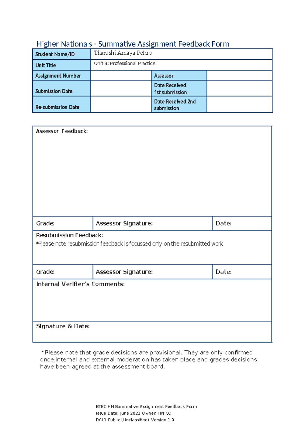 Unit 3: Professional Practice - Summative Feedback Form 2024-2025 - Studocu