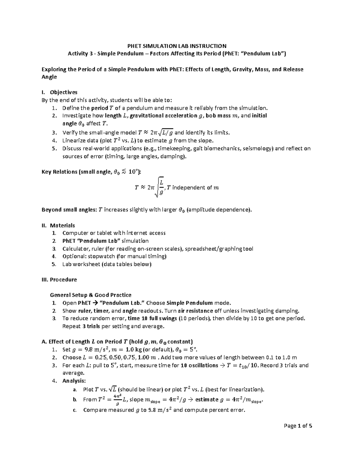 Activity 3: Simple Pendulum Lab Instructions (BS Bio) - Studocu