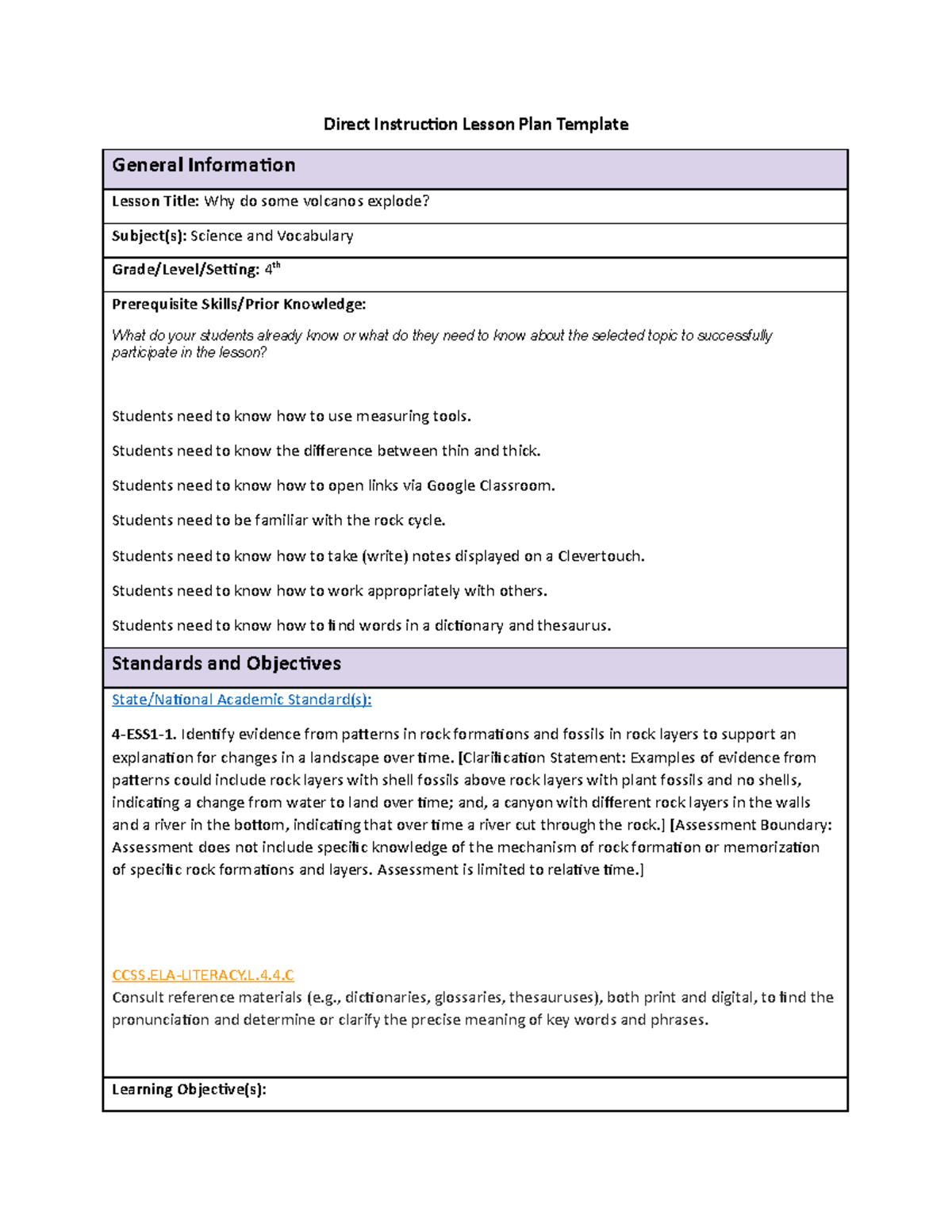C732 Task 1 - Explosive Volcanoes Lesson Plan for 4th Grade Science ...