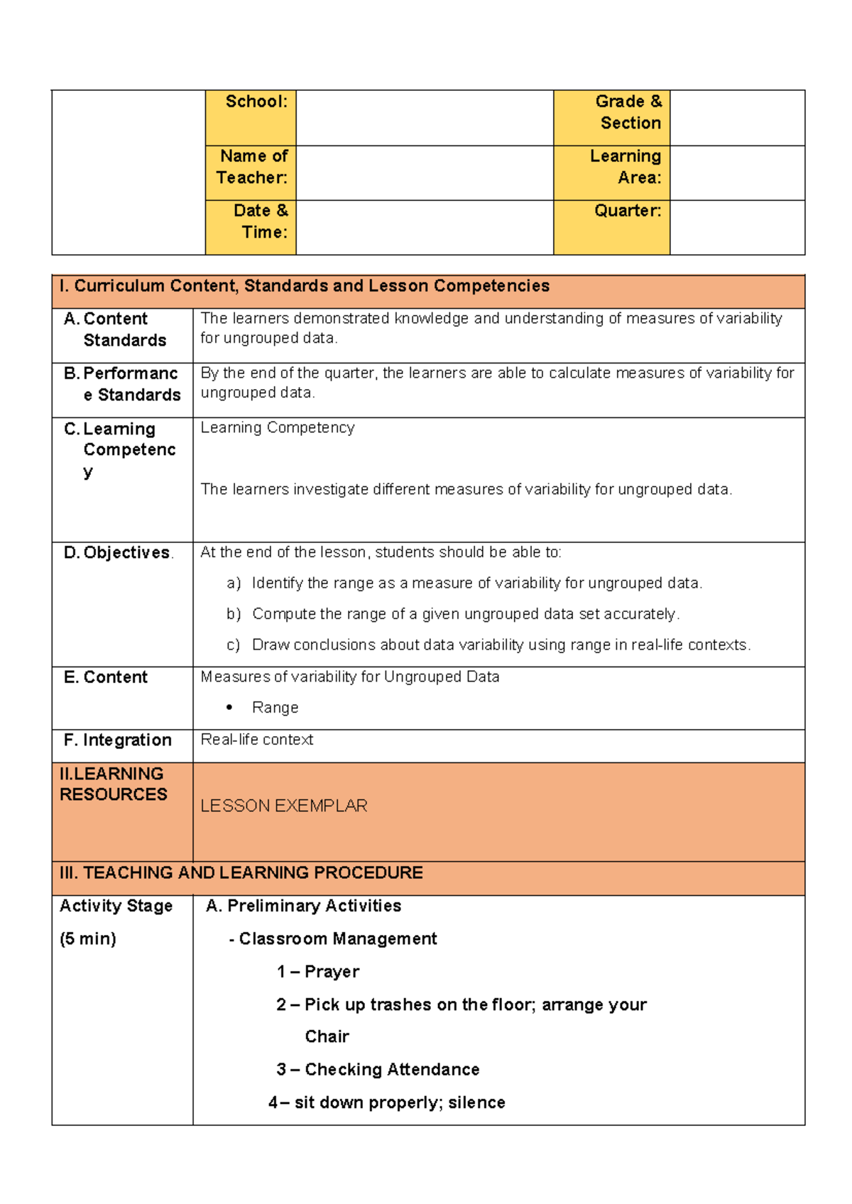 Grade 10 Math Lesson Plan: Measures of Variability for Ungrouped Data ...