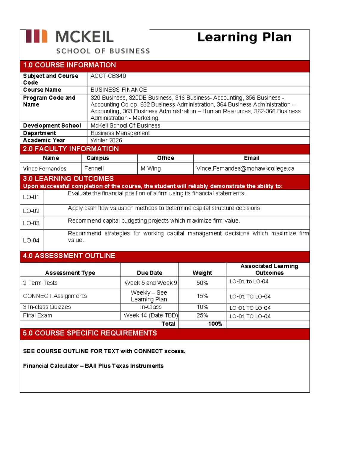 Winter 2026 CB340 Business Finance Learning Plan and Assessment Guide ...