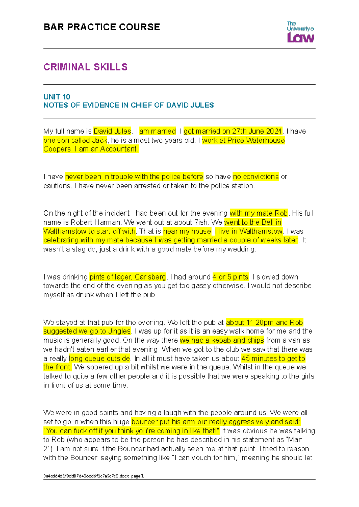 2425 Skill Crim Unit 10 CE01: Evidence in Chief of David Jules - Studocu