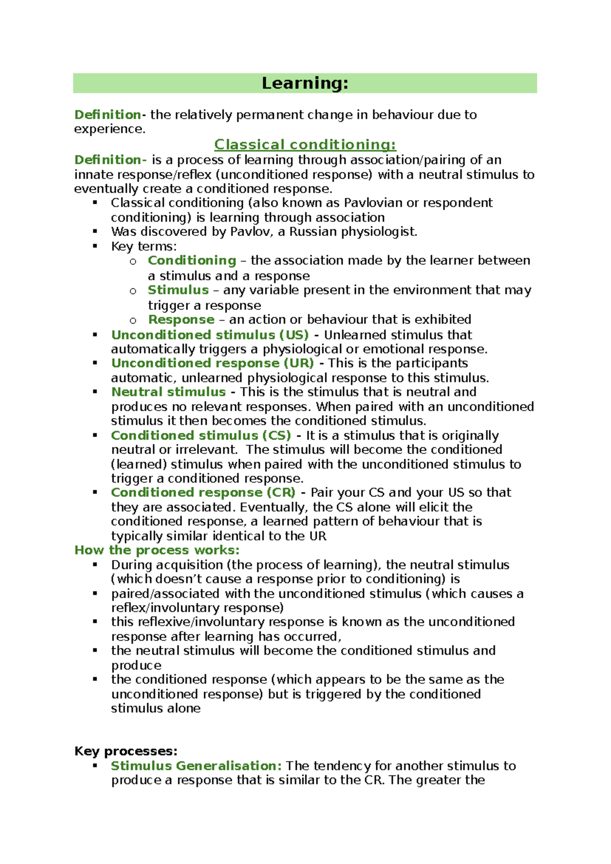 Learning: Classical and Operant Conditioning Notes - Unit 3 - Studocu