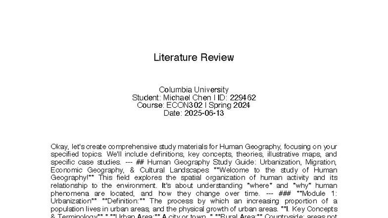 ECON302 Spring 2024: Human Geography Study Guide on Urbanization ...