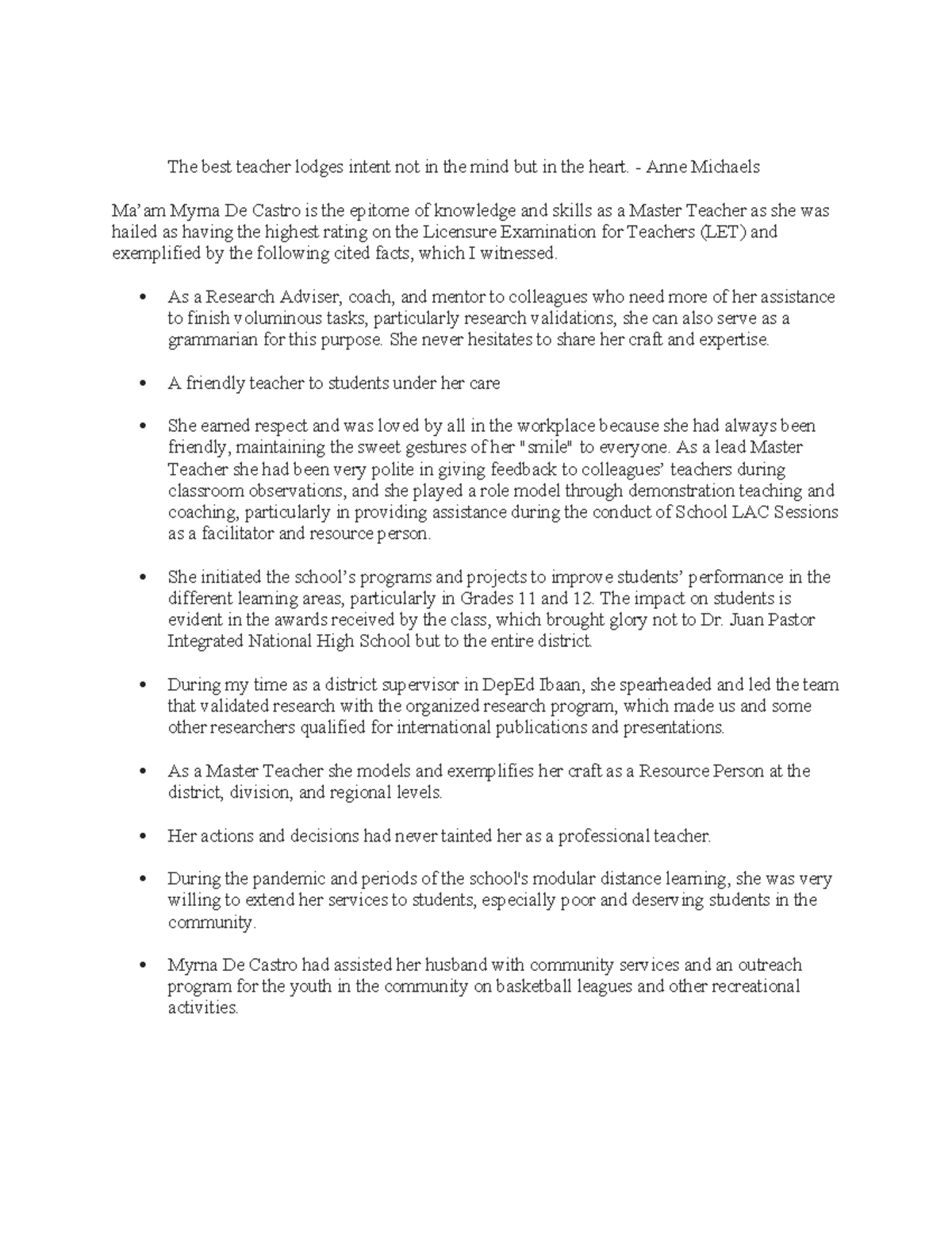 A Teacher with a Heart: Myrna De Castro's Impact as a Master Teacher ...