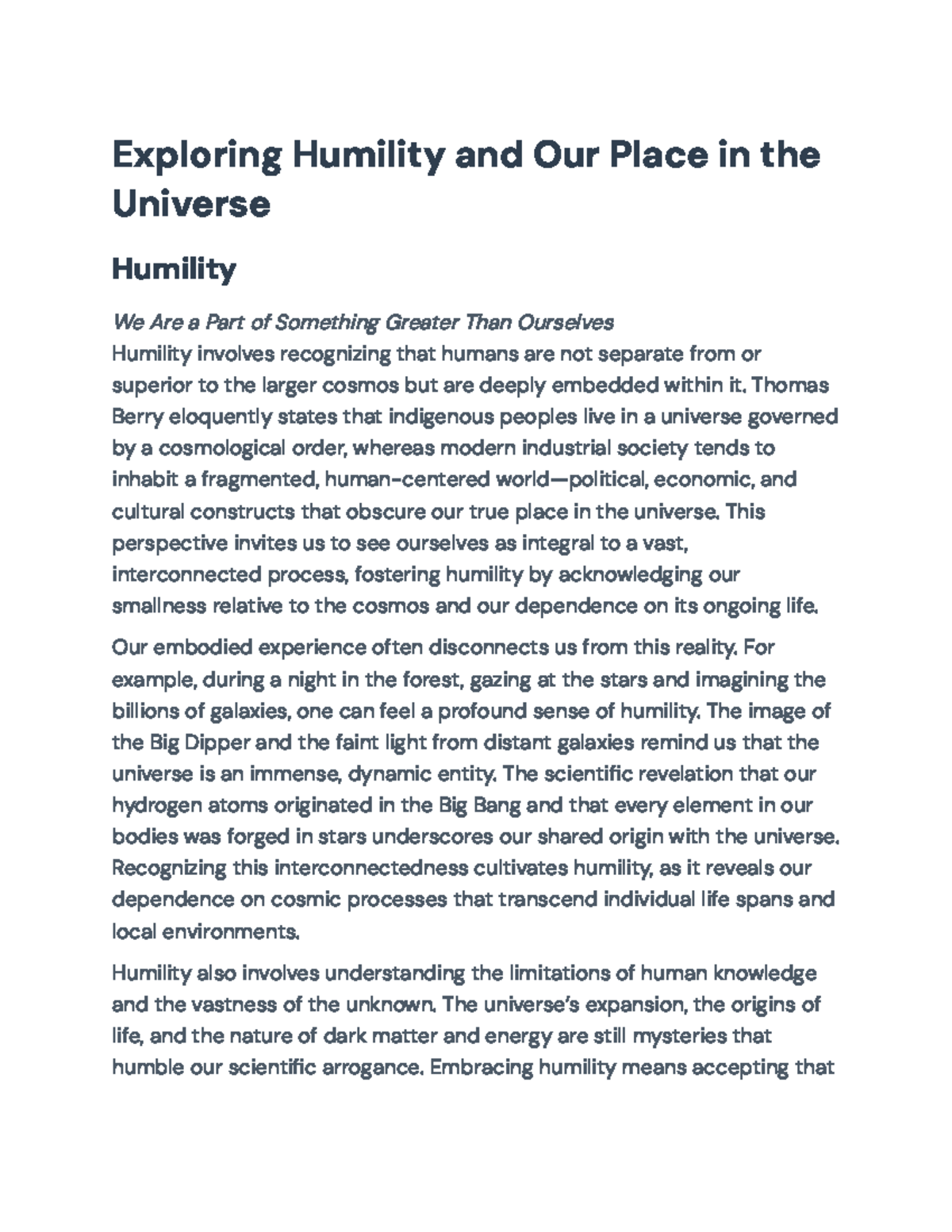 Exploring Humility and Our Interconnected Place in the Universe - Studocu