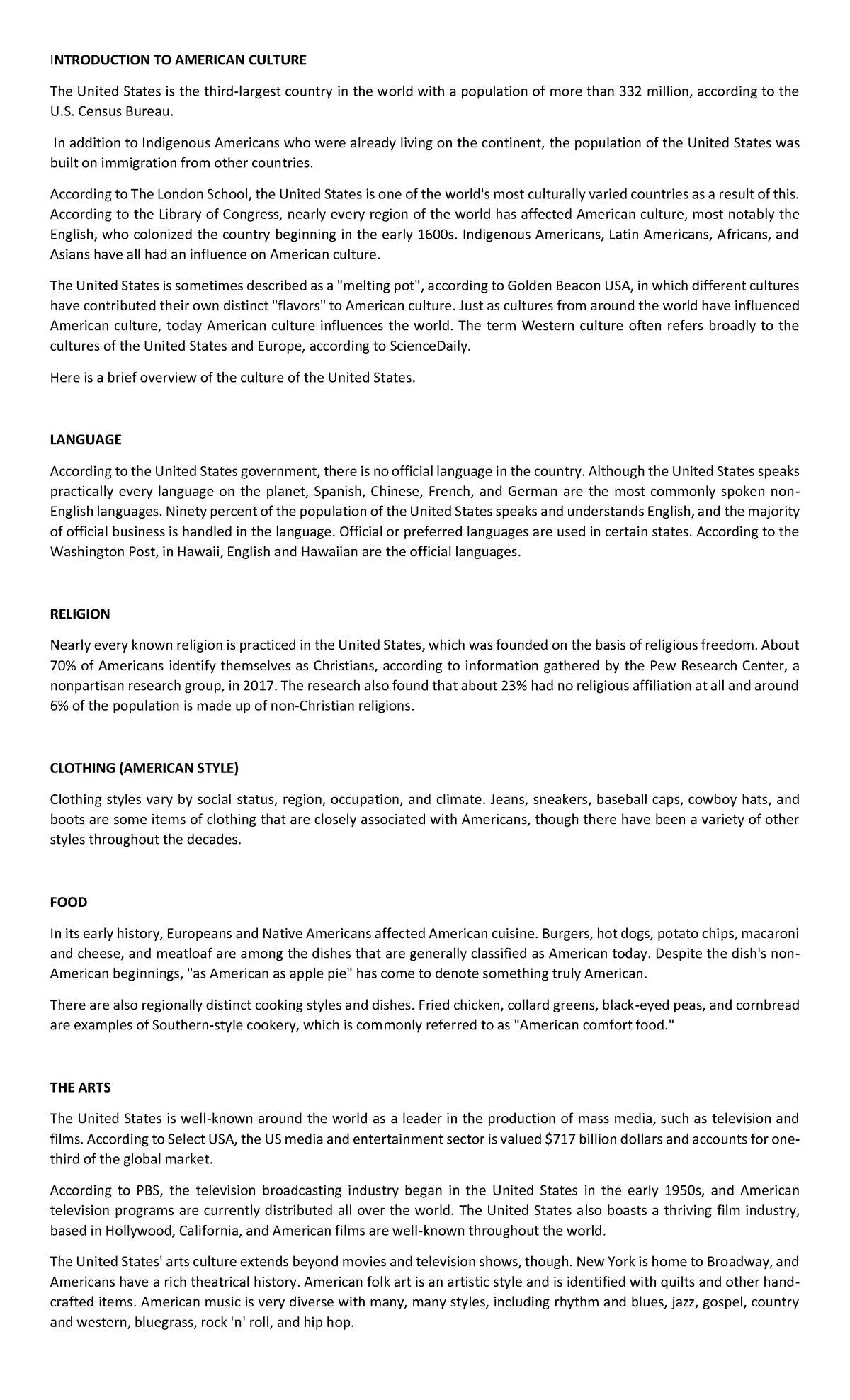 Contemporary Script - INTRODUCTION TO AMERICAN CULTURE The United ...