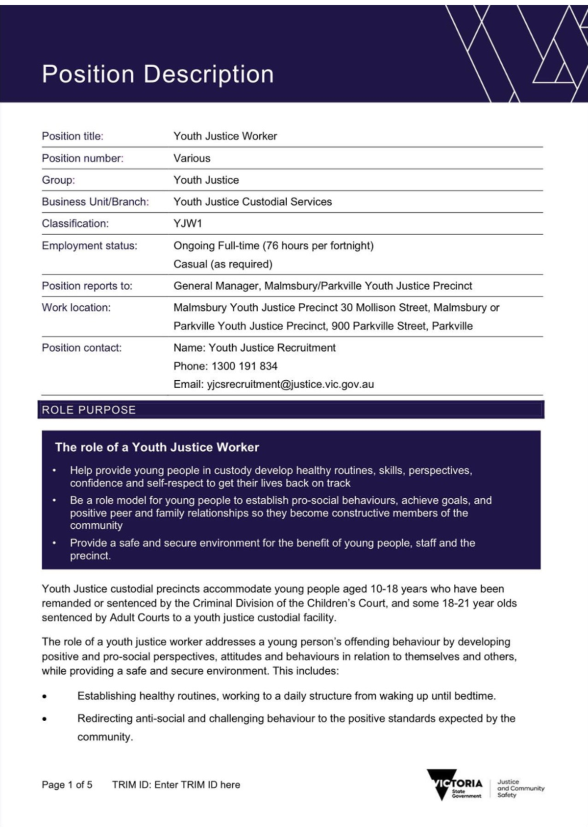 Position Description: Youth Justice Worker - YJW1 Role Overview - Studocu