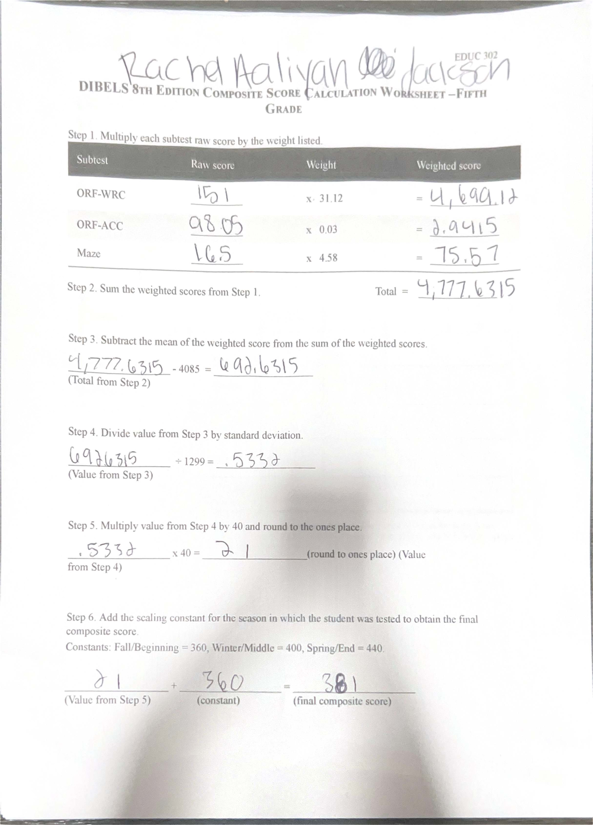 DIBELS 8th Edition Composite Score Calculation Worksheet - EDUC 302 ...