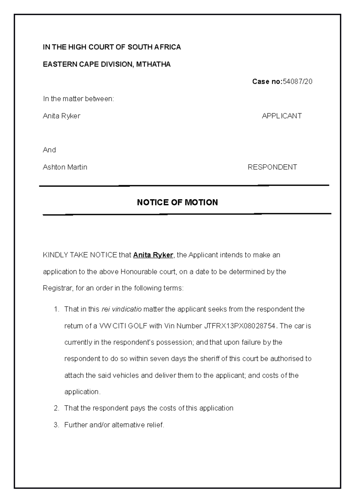 Notice of Motion for Return of VW CITI GOLF - Case No: 54087 - Studocu