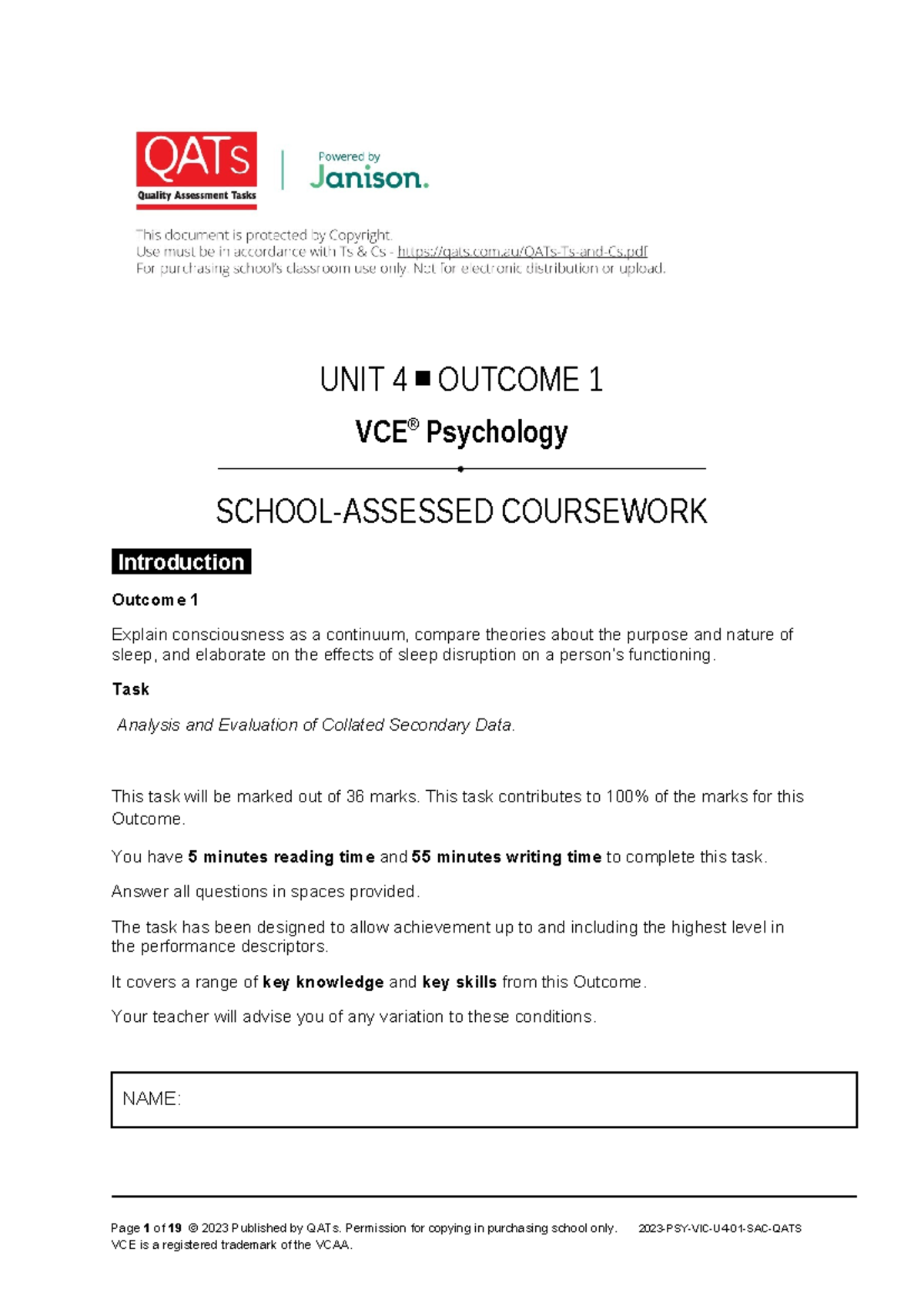 VCE Psychology UNIT 4: Outcome 1 - Sleep and Consciousness Analysis ...