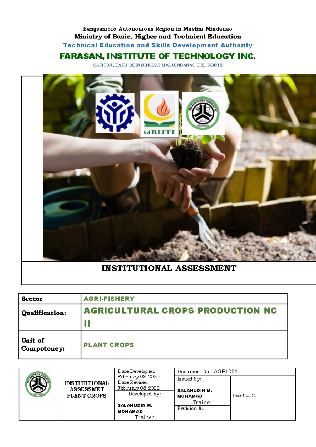 AGRI-001 - Institutional Assessment for Agricultural Crops Production ...