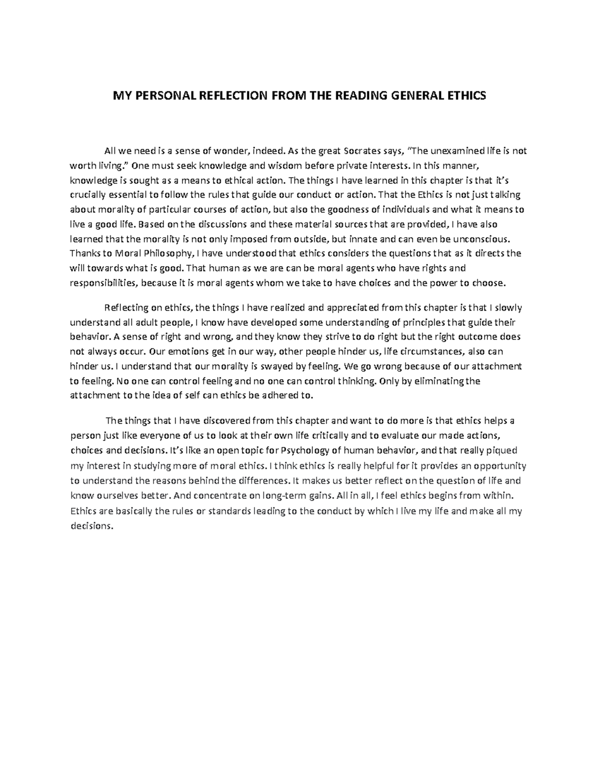 My Personal Reflection from reading General Ethics - MY PERSONAL ...