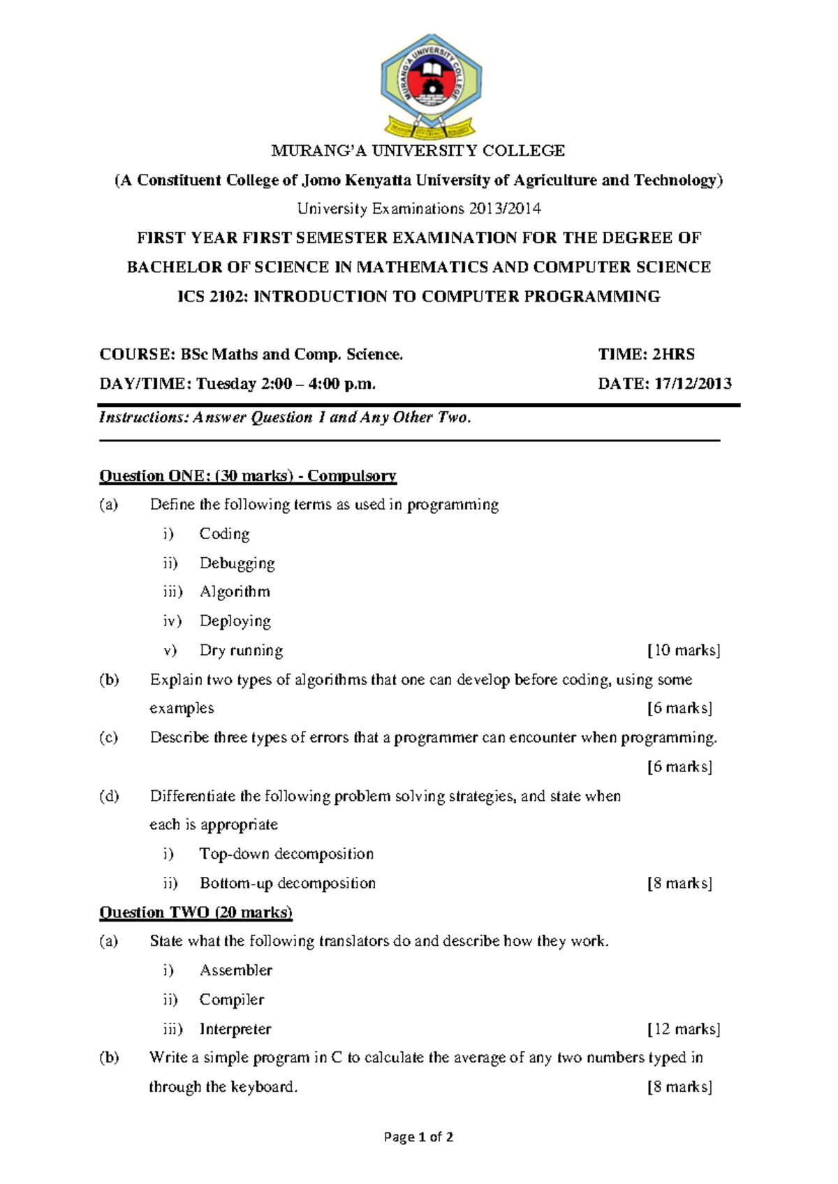 ICS 2102: Final Exam Notes for Introduction to Programming - Studocu