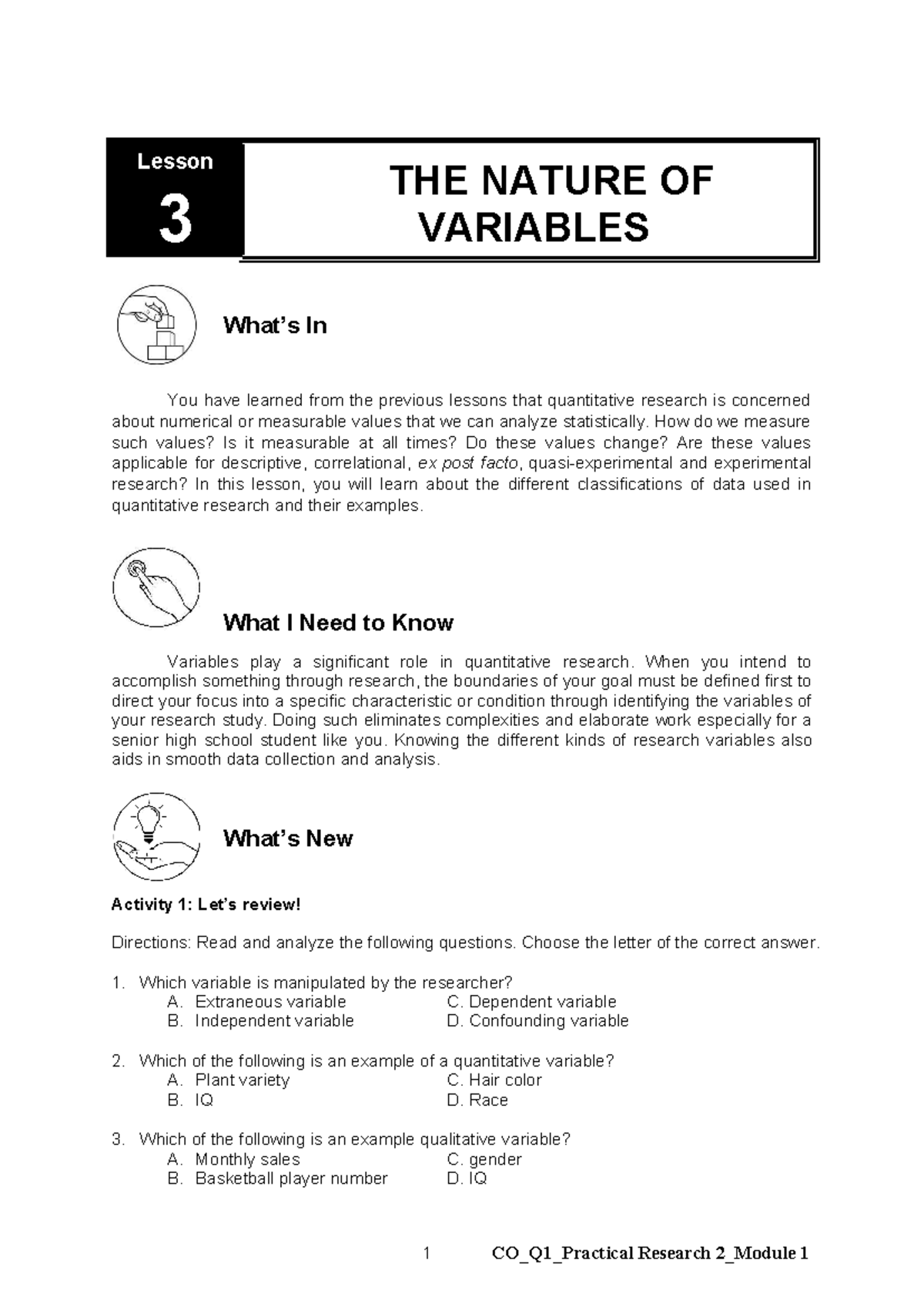 Lesson PR2 Q1: Understanding Variables in Quantitative Research - Studocu