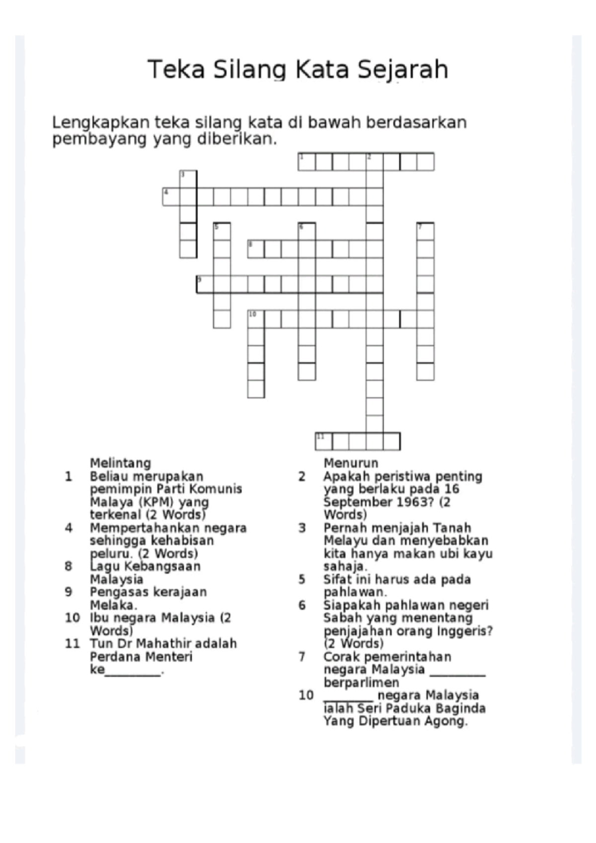 Teka Silang Kata Sejarah: Lengkapkan Berdasarkan Pembayang Diberikan ...
