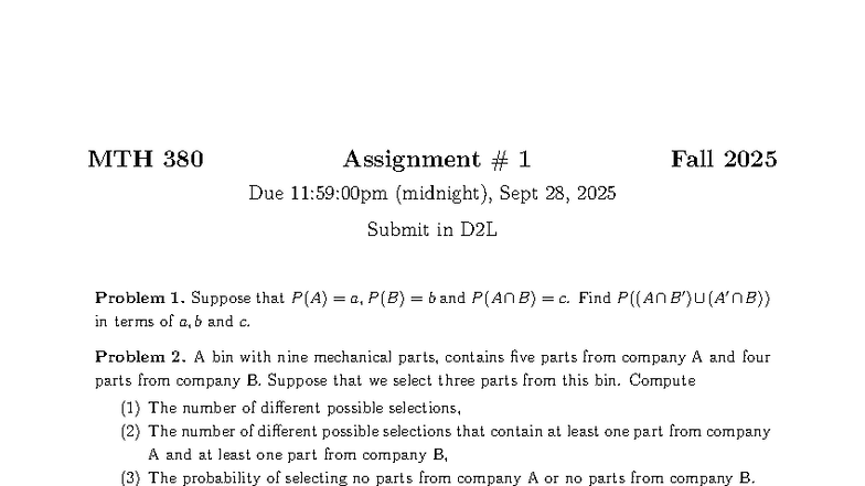 MTH 380 Fall 2025 Assignment 1: Homework Questions & Solutions - Studocu