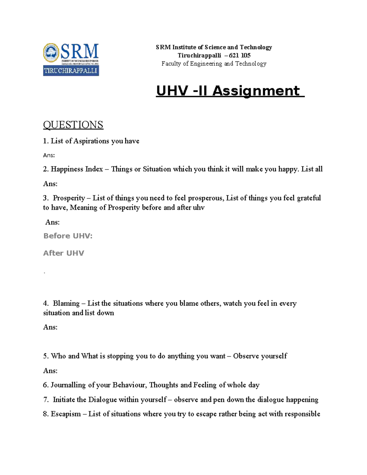 UHV Assignment 1: Self-Reflection and Personal Growth Insights - Studocu