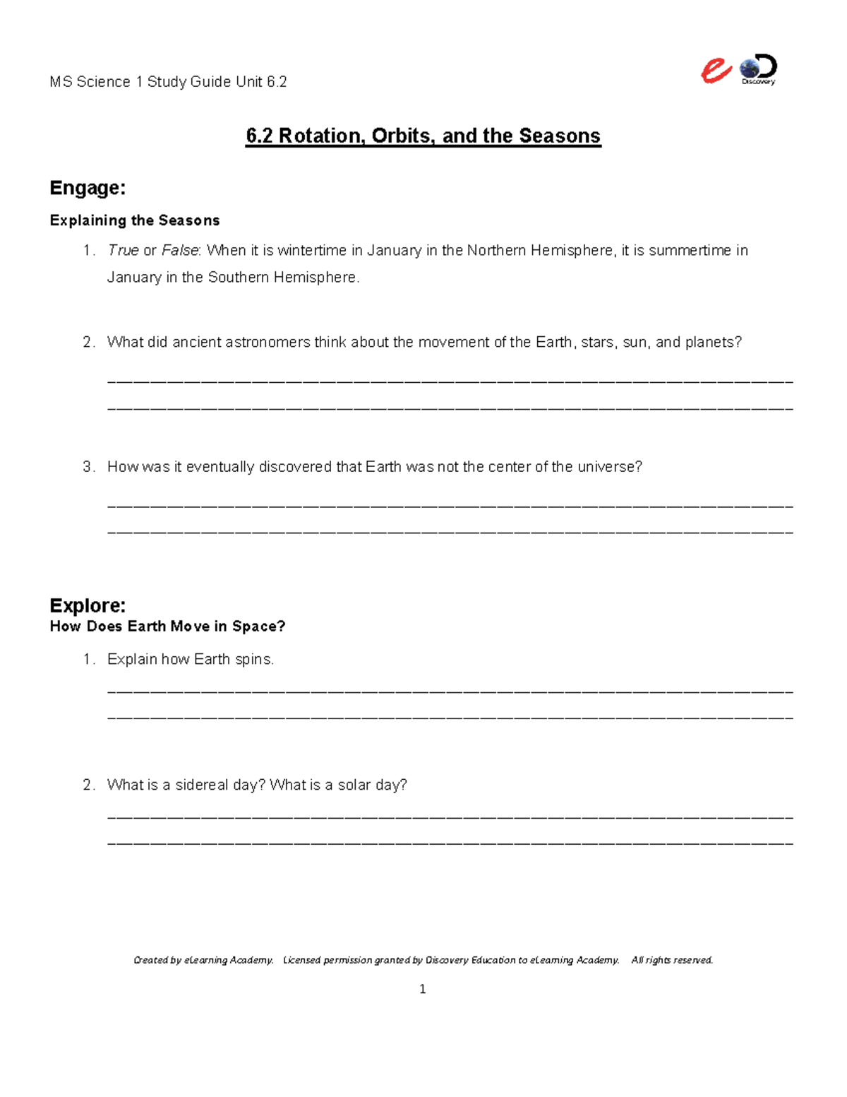 6.2 Science 6 Study Guide 6.2 Rotation, Orbits, and the Seasons ...