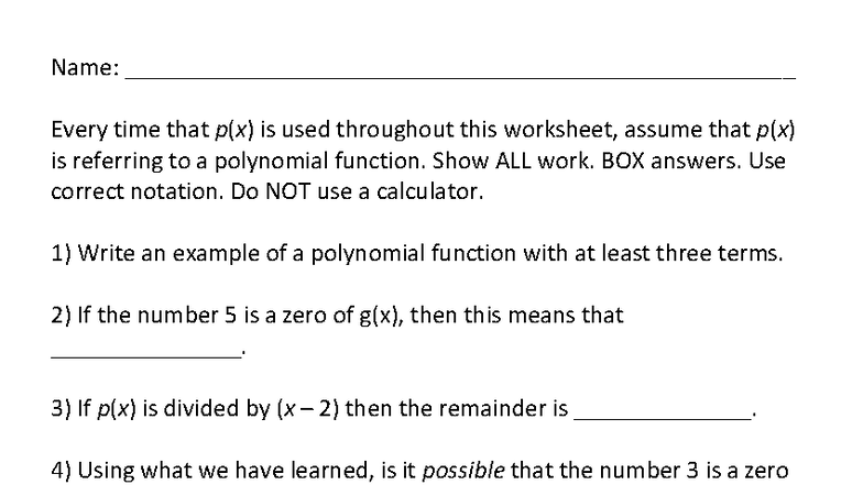 Polynomial Functions Worksheet: Understanding Zeros & Asymptotes - Studocu