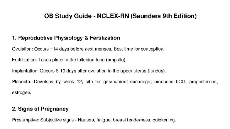 OB Study Guide (Saunders 9th Ed): Comprehensive Review for Exams - Studocu
