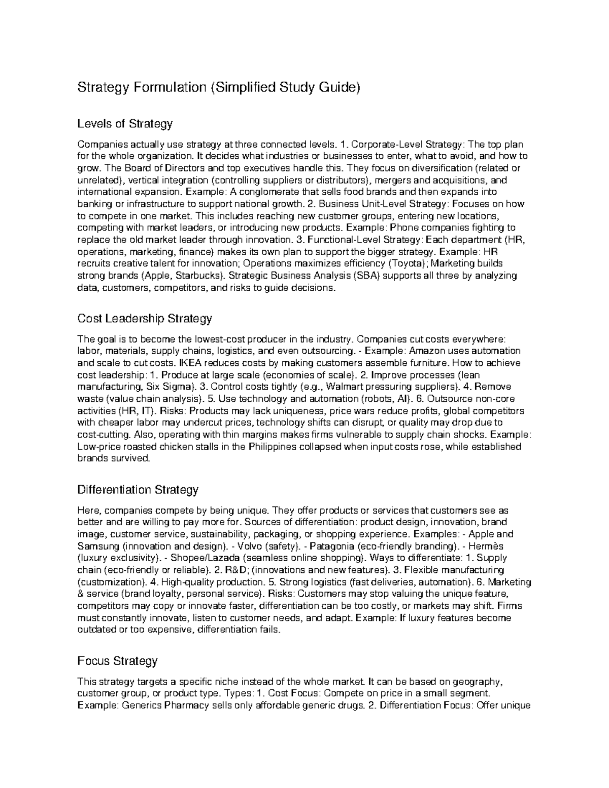 Strategy Formulation (BUS 101) Simplified Study Guide on Levels of ...