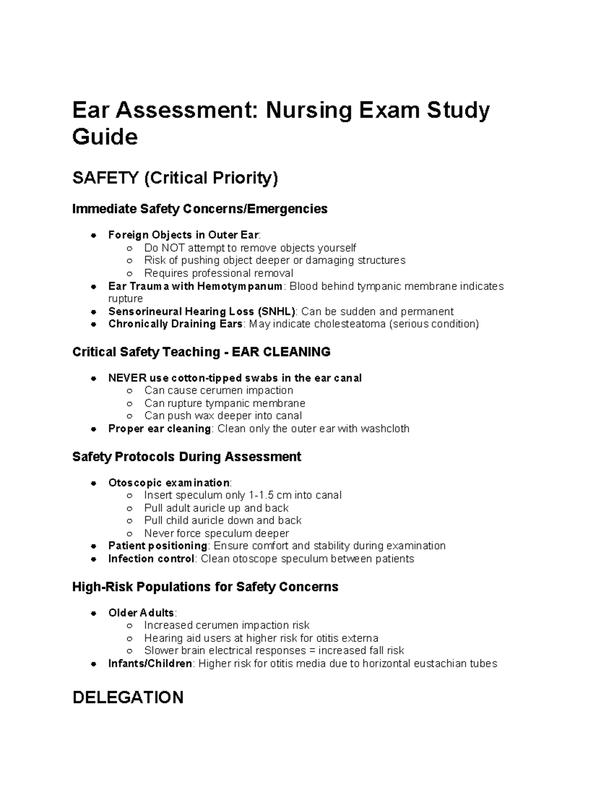 Exam 2 Review: Ear Assessment Nursing Study Guide (SAFETY) - Studocu