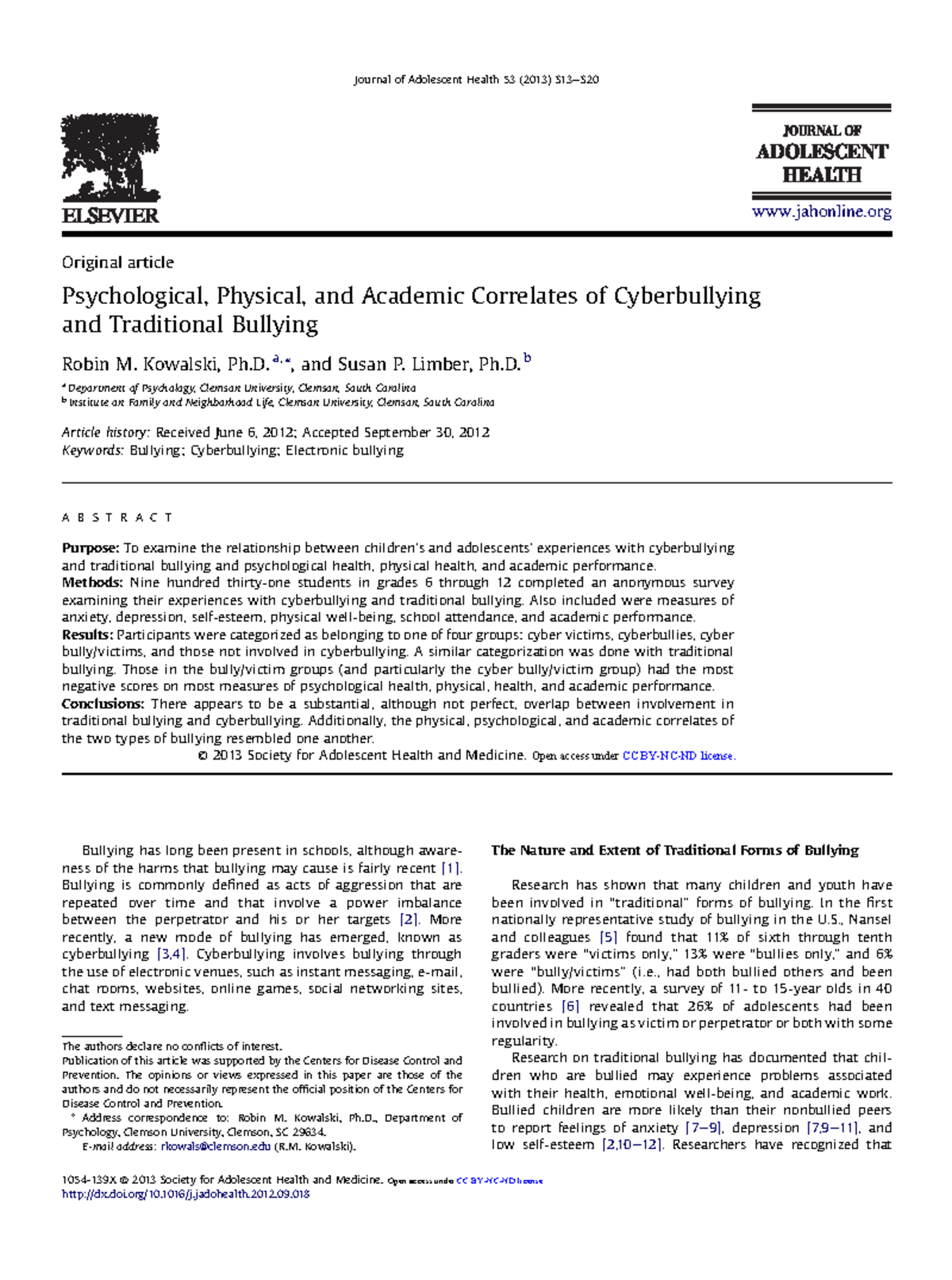 Kowalski Limber 2013 Cyberbullying - Original article Psychological ...
