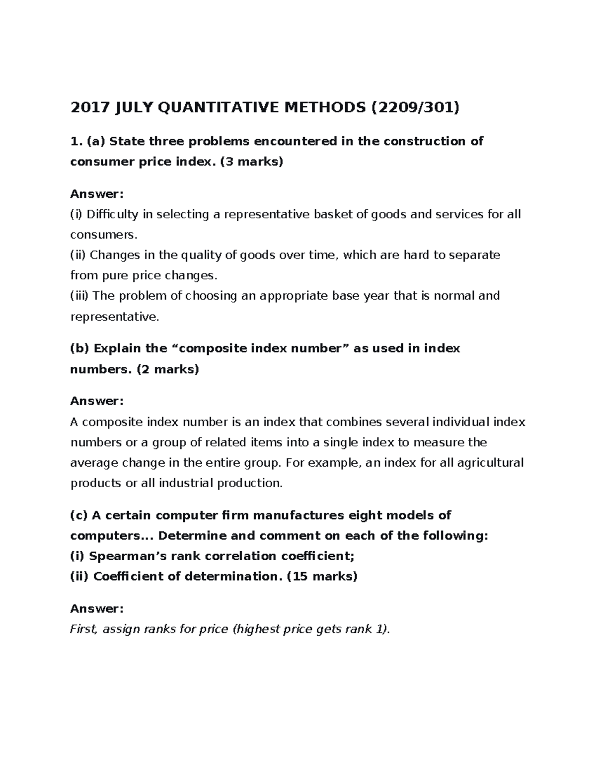 2017 JULY QUANTITATIVE METHODS - Exam Questions & Answers - Studocu