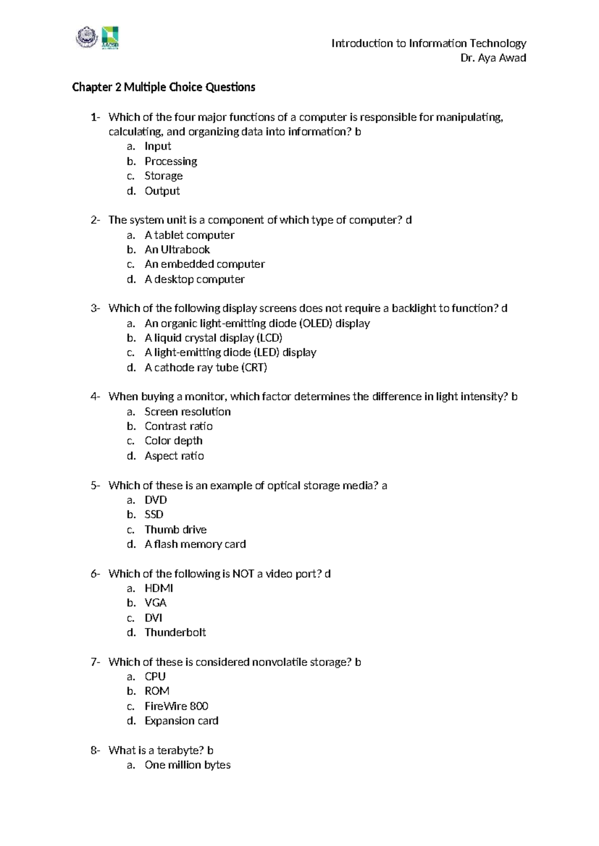 IT 101: Chapter 2 MCQs on Computer Functions and Storage - Studocu