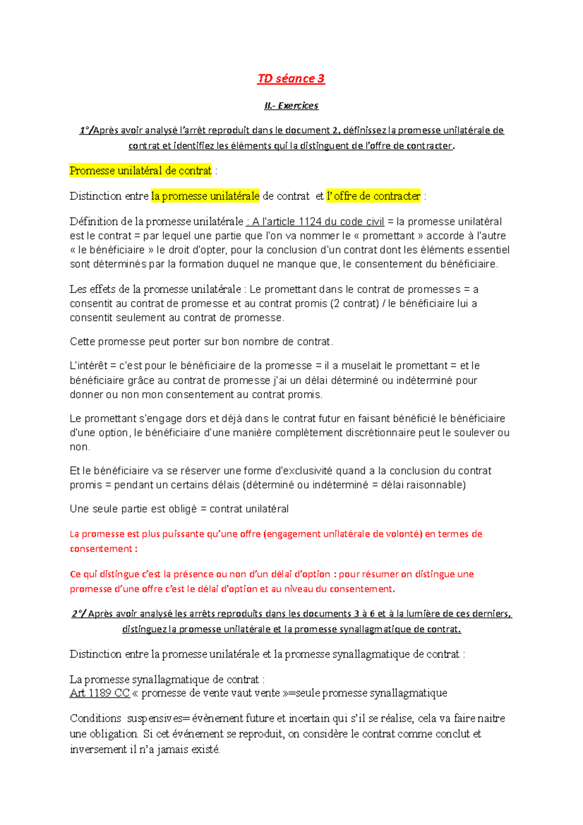 TD 3 Droit des contrats : Analyse de la promesse unilatérale et ...