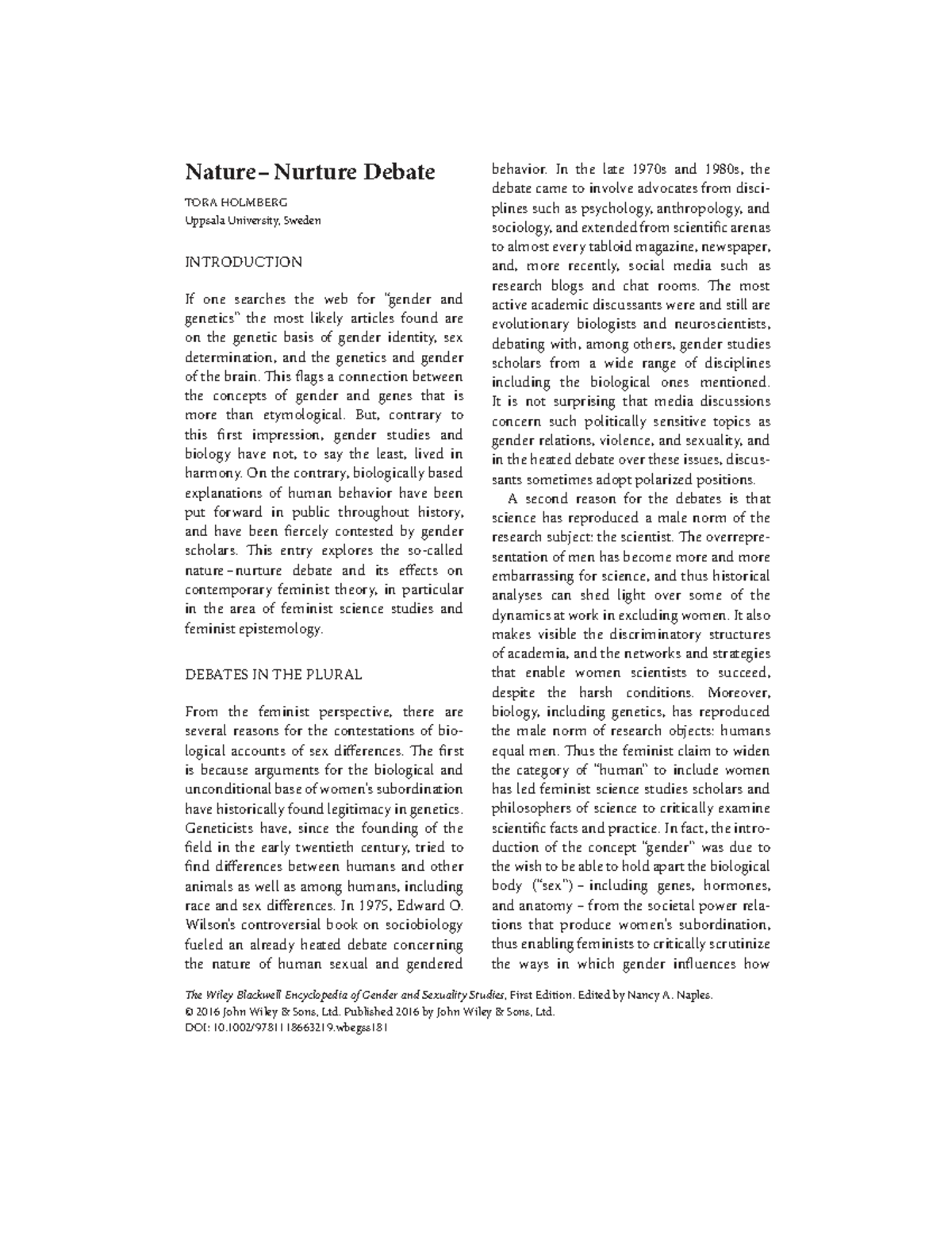 Gender and the Nature–Nurture Debate: Insights and Controversies - Studocu