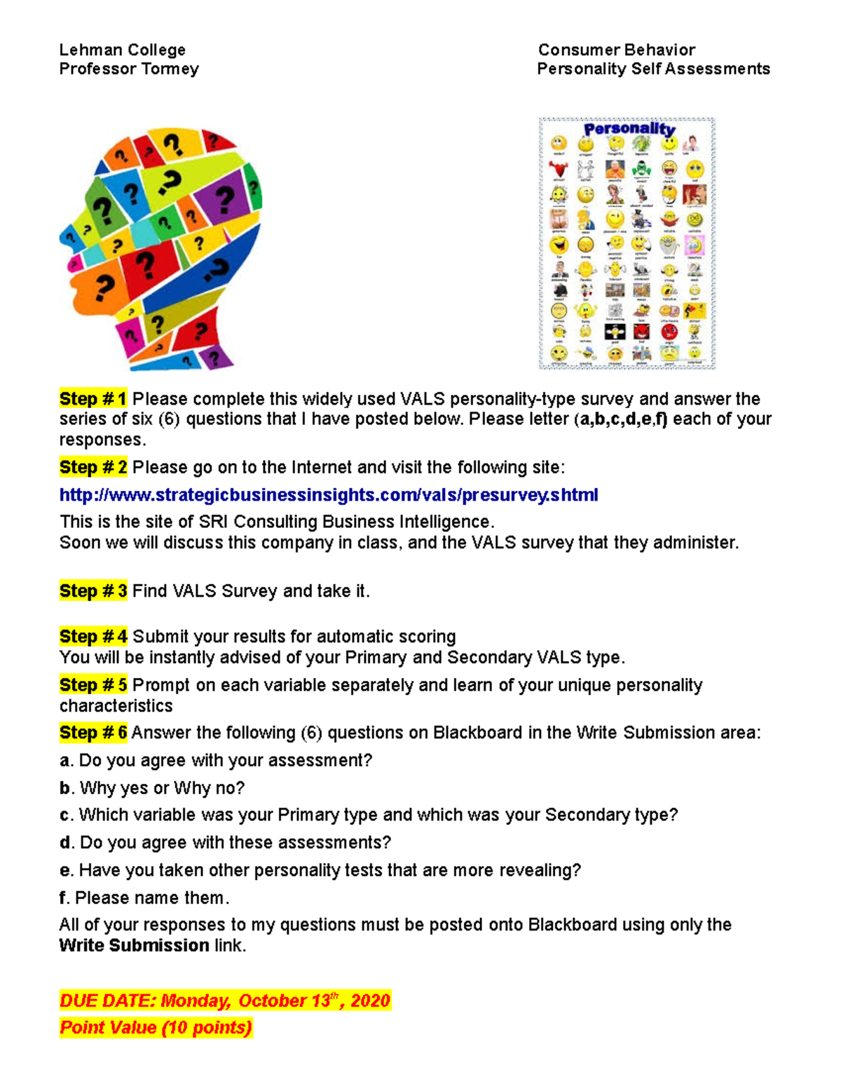 Lehman College Consumer Behavior: VALS Personality Self-Assessment ...