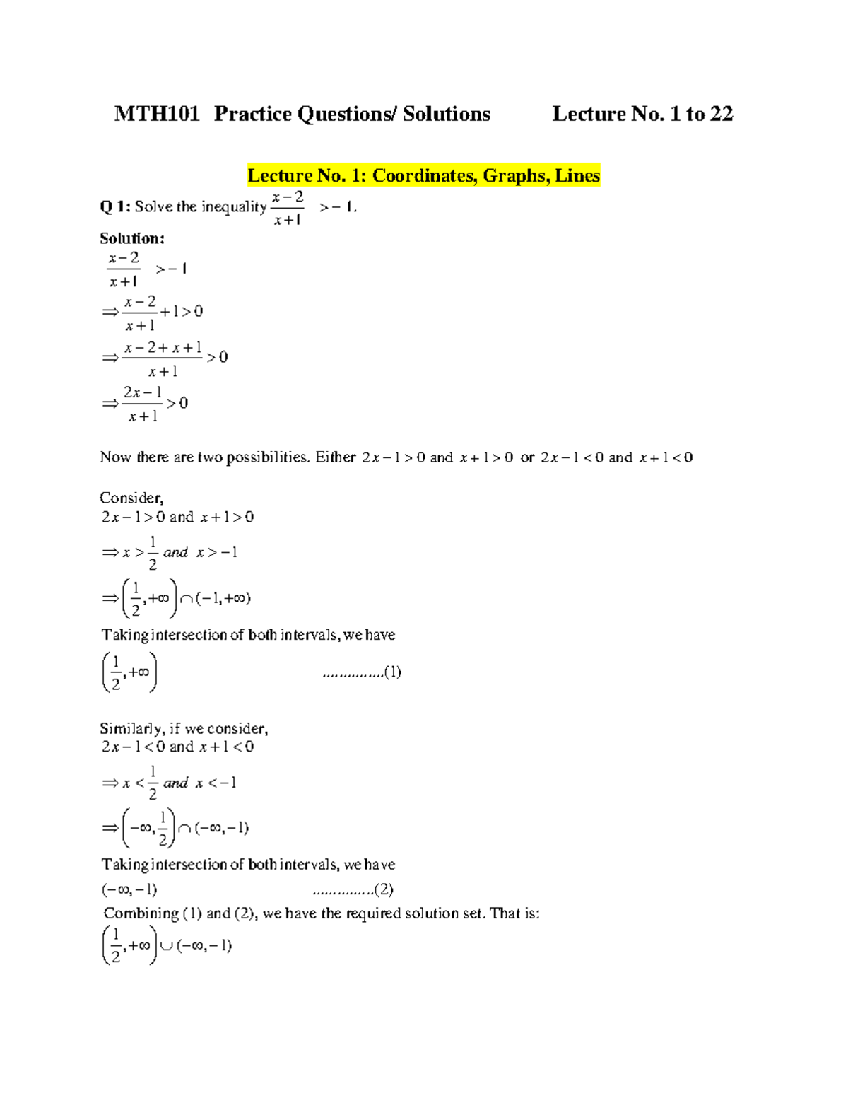 MTH101 Practice Questions Solutions for Lectures 1-22 - Studocu