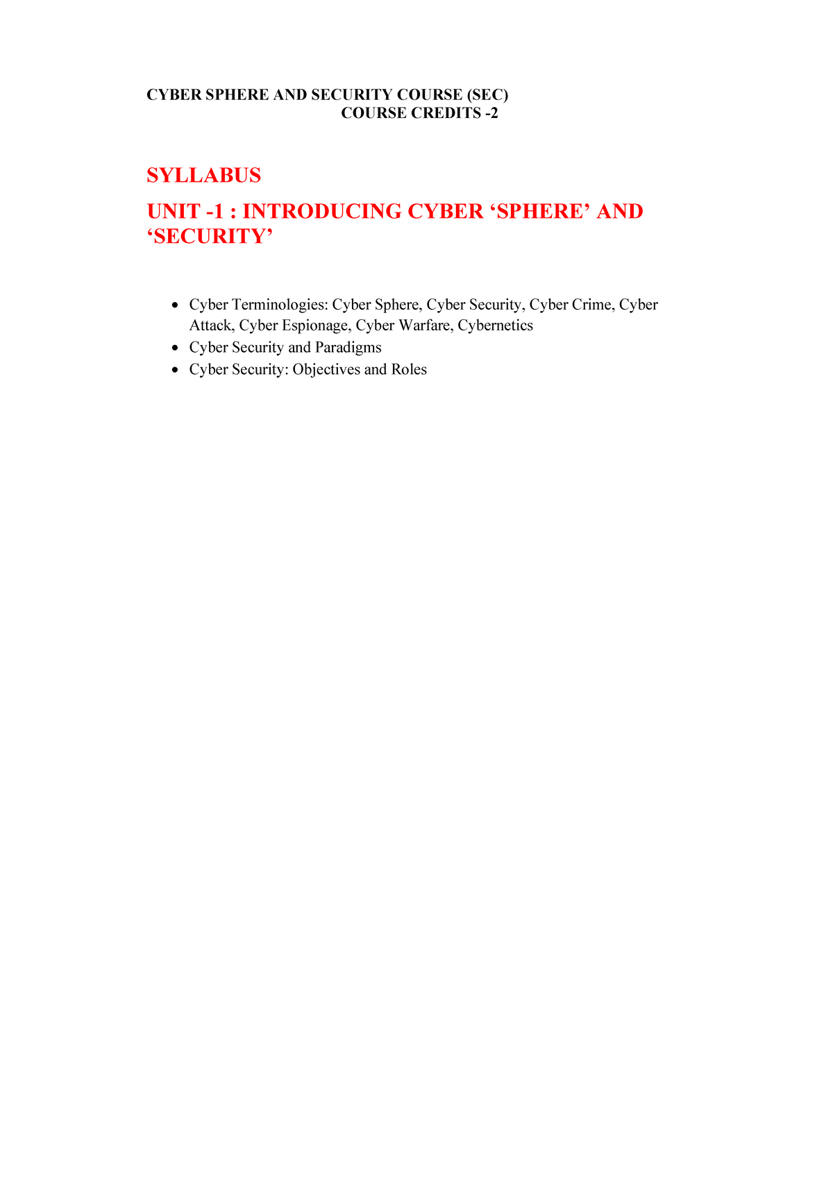 CYBER SECURITY SYLLABUS UNIT 1: INTRODUCING CYBER SPHERE (SEC) - Studocu