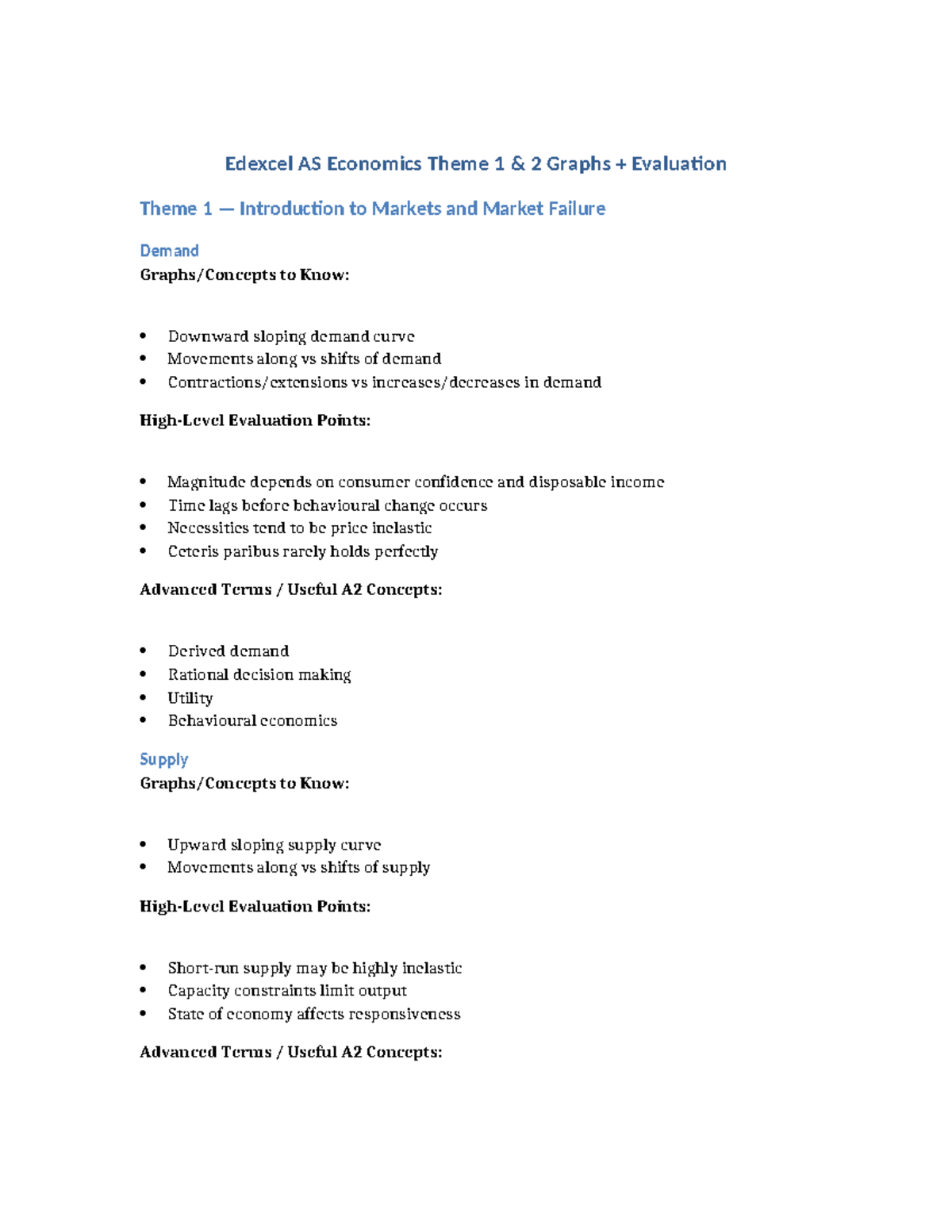 Edexcel AS Economics Theme 1 & 2 Graphs and Evaluation Notes - Studocu